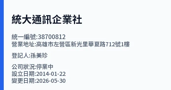 統大通訊企業社的照片-統編 38700812(高雄市) 公司登記資料與營業項目詳細圖表
