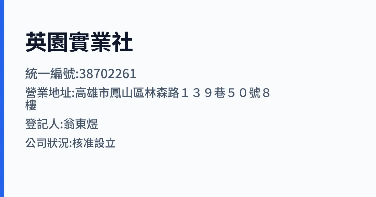 英園實業社 - 統編 38702261(高雄市) 公司登記資料與營業項目詳細圖表