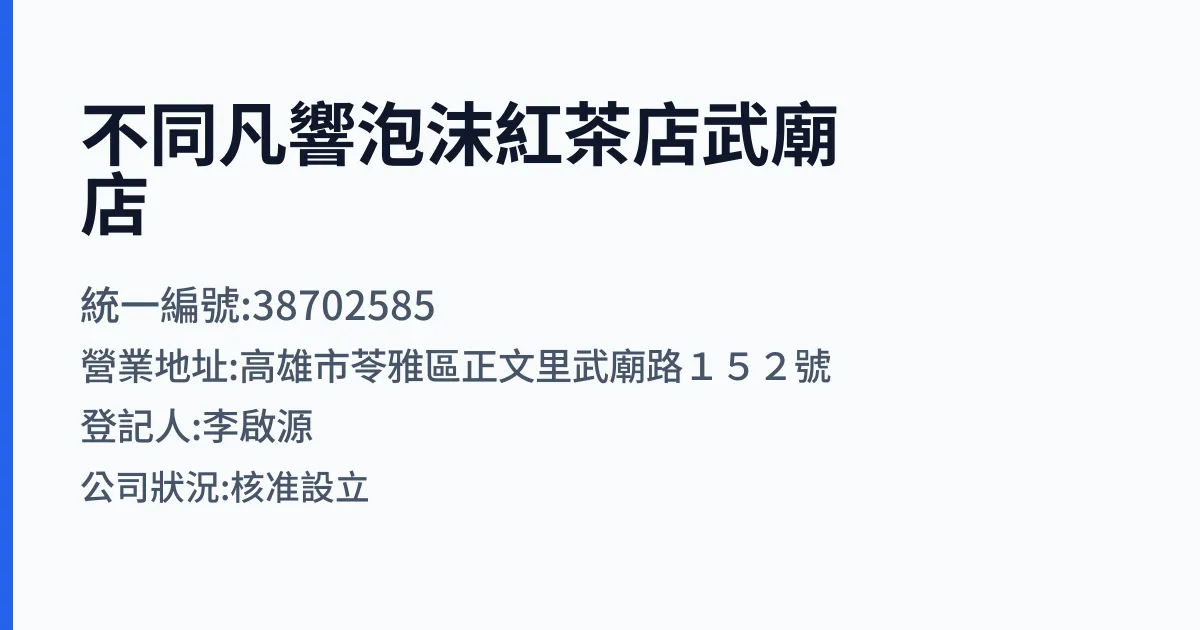 不同凡響泡沫紅茶店武廟店 - 統編 38702585(高雄市) 公司登記資料與營業項目詳細圖表