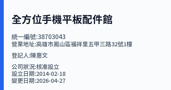 全方位手機平板配件館的照片-統編 38703043(高雄市) 公司登記資料與營業項目詳細圖表