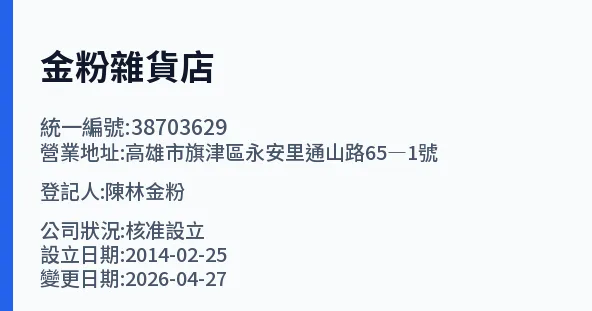 金粉雜貨店的照片-統編 38703629(高雄市) 公司登記資料與營業項目詳細圖表