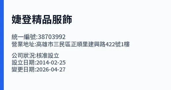 婕登精品服飾的照片-統編 38703992(高雄市) 公司登記資料與營業項目詳細圖表