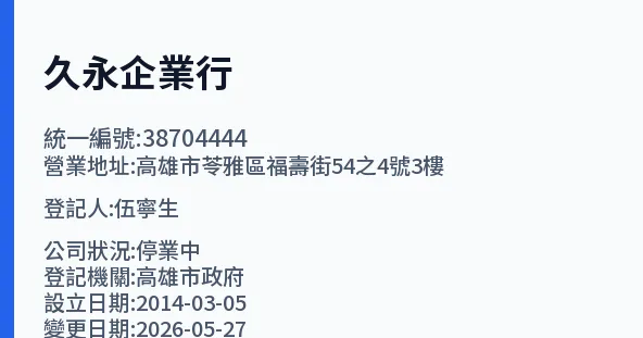 久永企業行的照片-統編 38704444(高雄市) 公司登記資料與營業項目詳細圖表