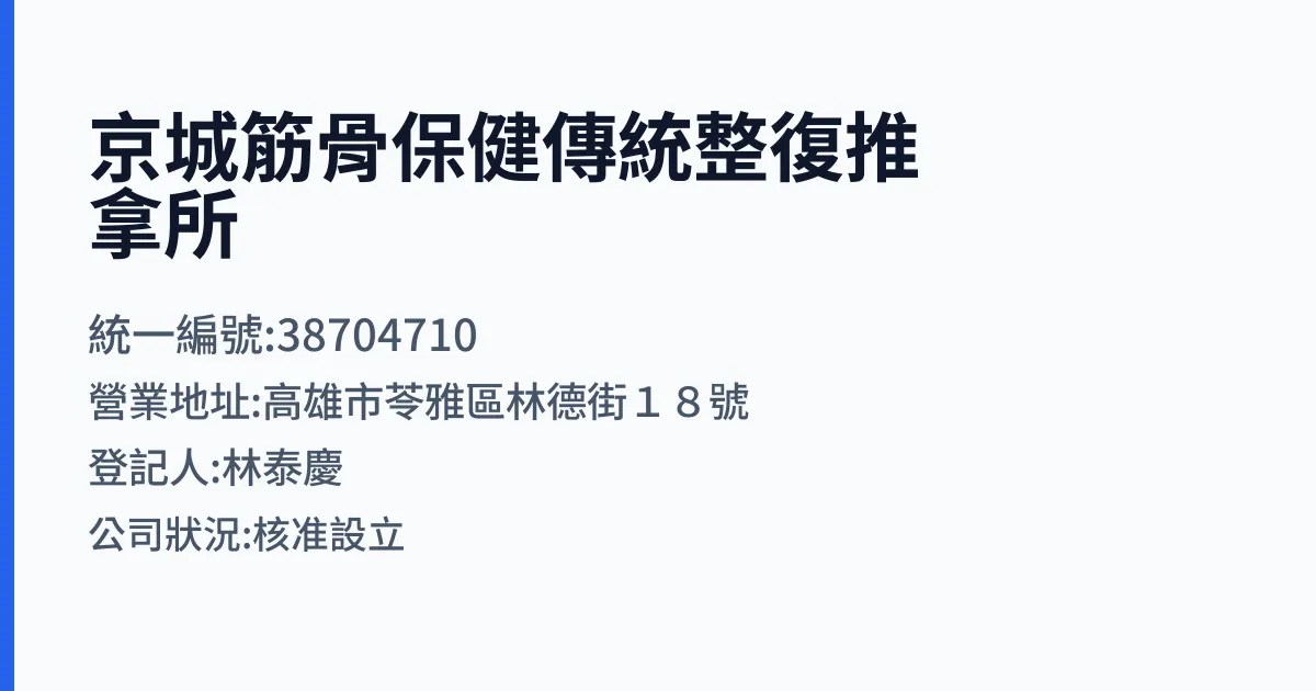 京城筋骨保健傳統整復推拿所 - 統編 38704710(高雄市) 公司登記資料與營業項目詳細圖表