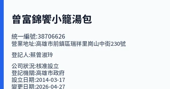 曾富錦饗小籠湯包的照片-統編 38706626(高雄市) 公司登記資料與營業項目詳細圖表