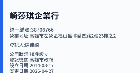 崎莎琪企業行的照片-統編 38706766(高雄市) 公司登記資料與營業項目詳細圖表