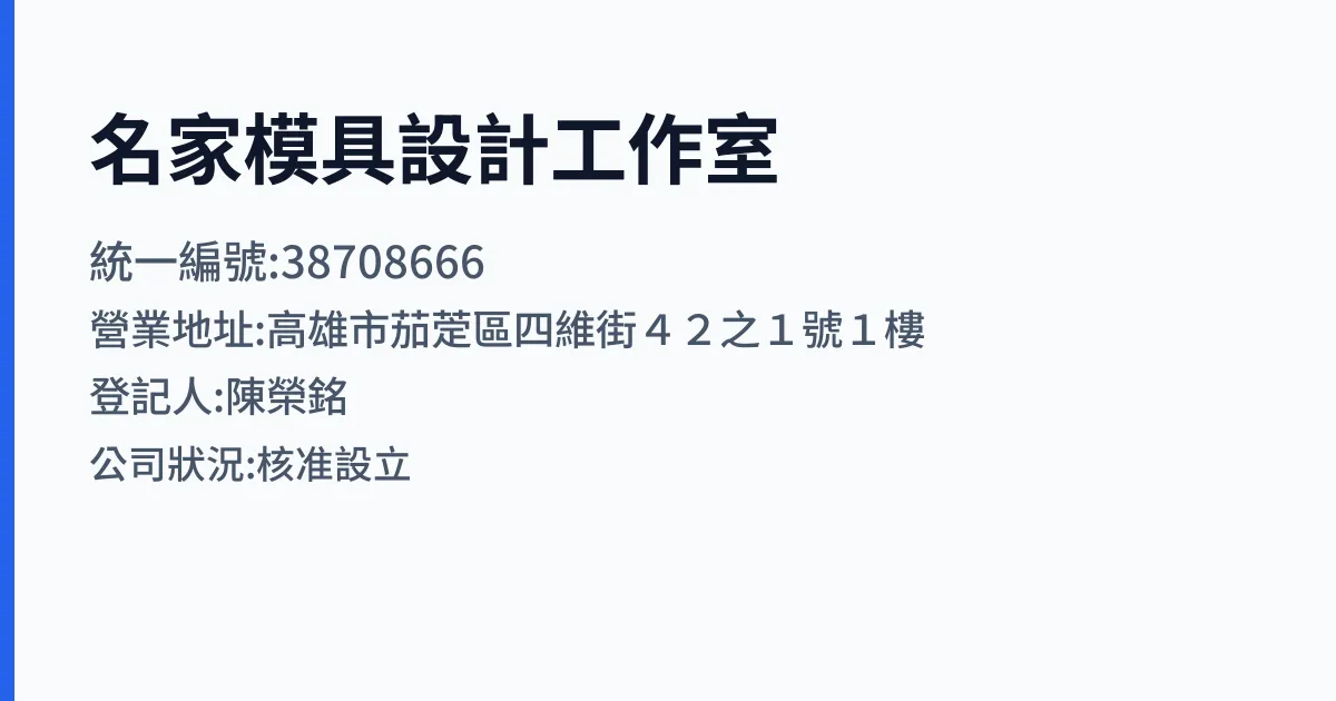名家模具設計工作室 - 統編 38708666(高雄市) 公司登記資料與營業項目詳細圖表