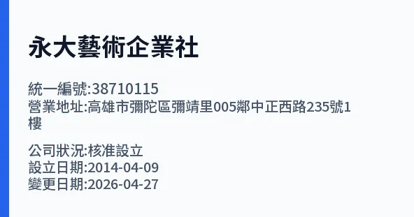 永大藝術企業社的照片-統編 38710115(高雄市) 公司登記資料與營業項目詳細圖表