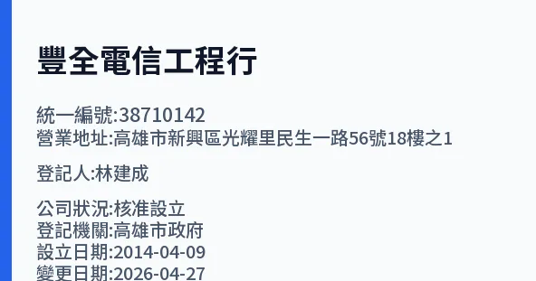 豐全電信工程行的照片-統編 38710142(高雄市) 公司登記資料與營業項目詳細圖表
