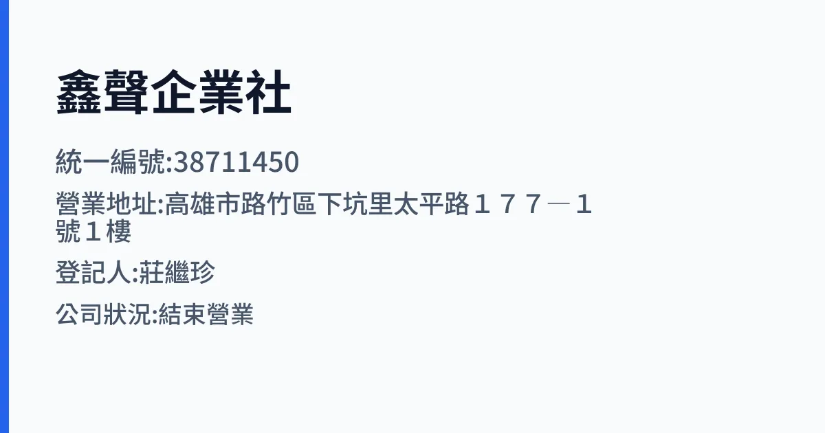 鑫聲企業社 - 統編 38711450(高雄市) 公司登記資料與營業項目詳細圖表