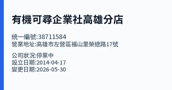 有機可尋企業社高雄分店的照片-統編 38711584(高雄市) 公司登記資料與營業項目詳細圖表