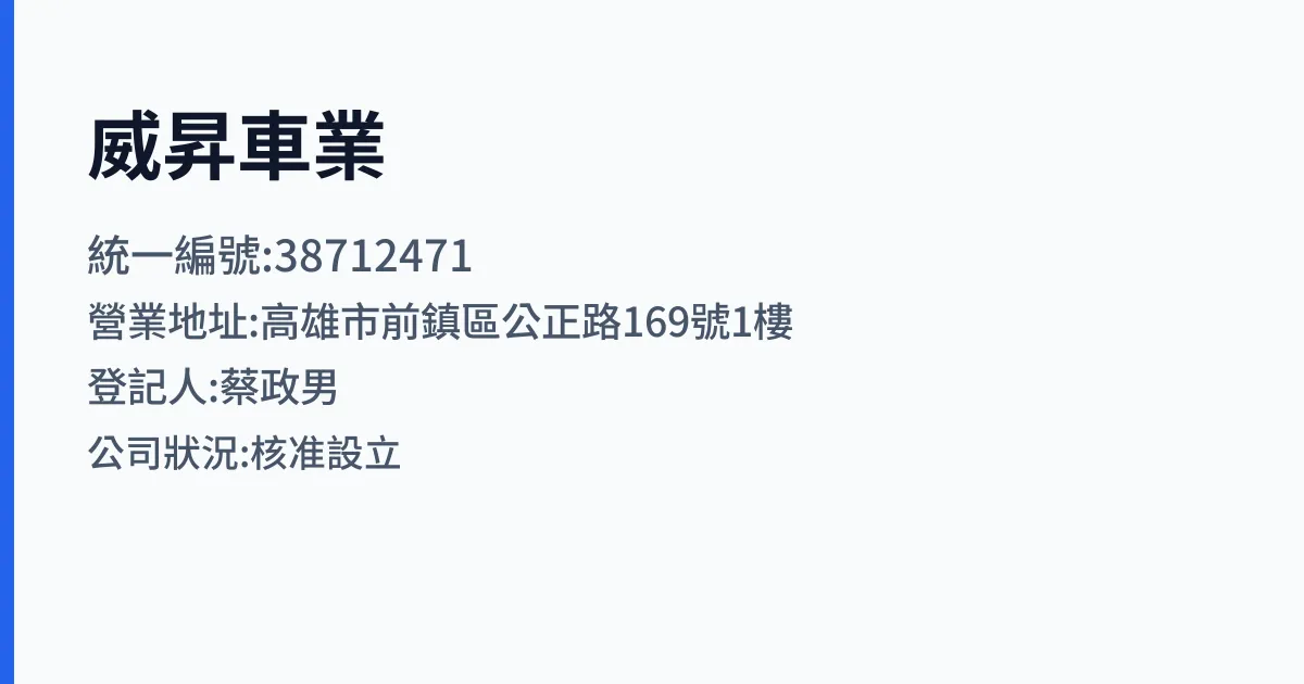 威昇車業 - 統編 38712471(高雄市) 公司登記資料與營業項目詳細圖表