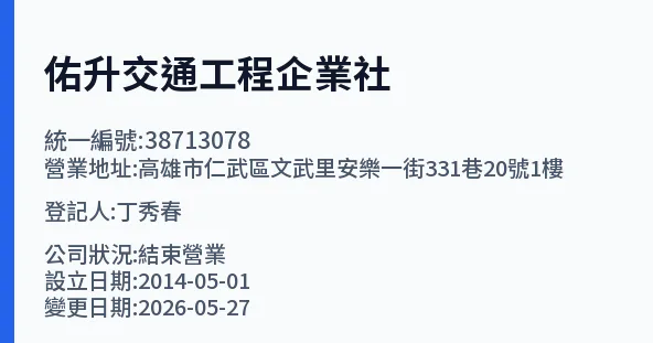 佑升交通工程企業社的照片-統編 38713078(高雄市) 公司登記資料與營業項目詳細圖表