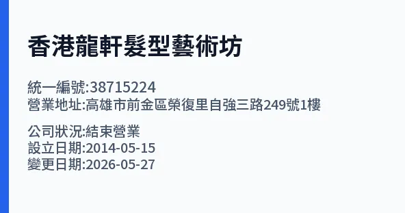 香港龍軒髮型藝術坊的照片-統編 38715224(高雄市) 公司登記資料與營業項目詳細圖表