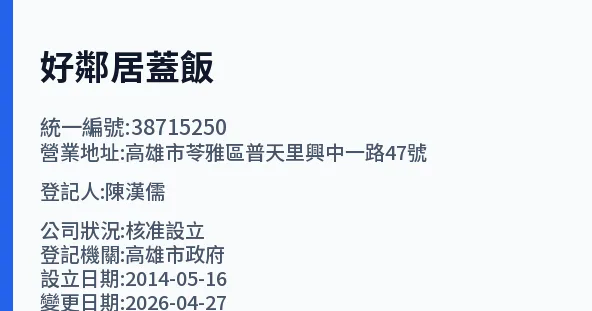 好鄰居蓋飯的照片-統編 38715250(高雄市) 公司登記資料與營業項目詳細圖表
