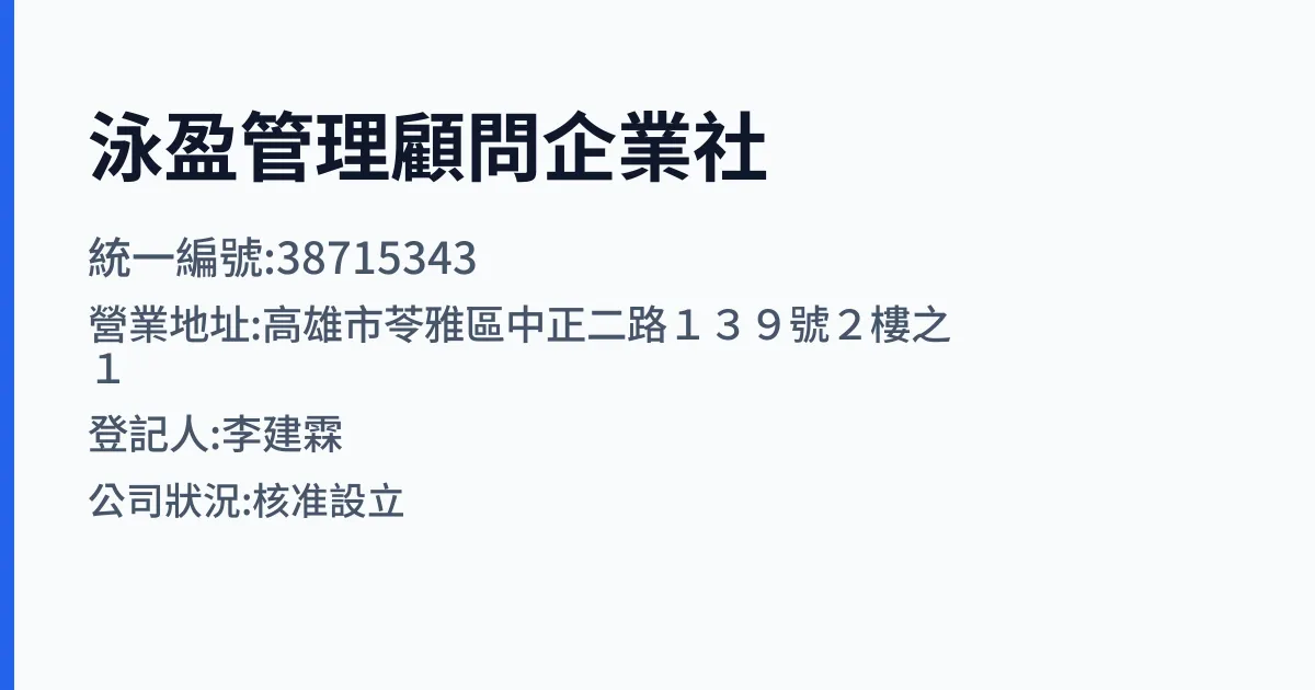 泳盈管理顧問企業社 - 統編 38715343(高雄市) 公司登記資料與營業項目詳細圖表