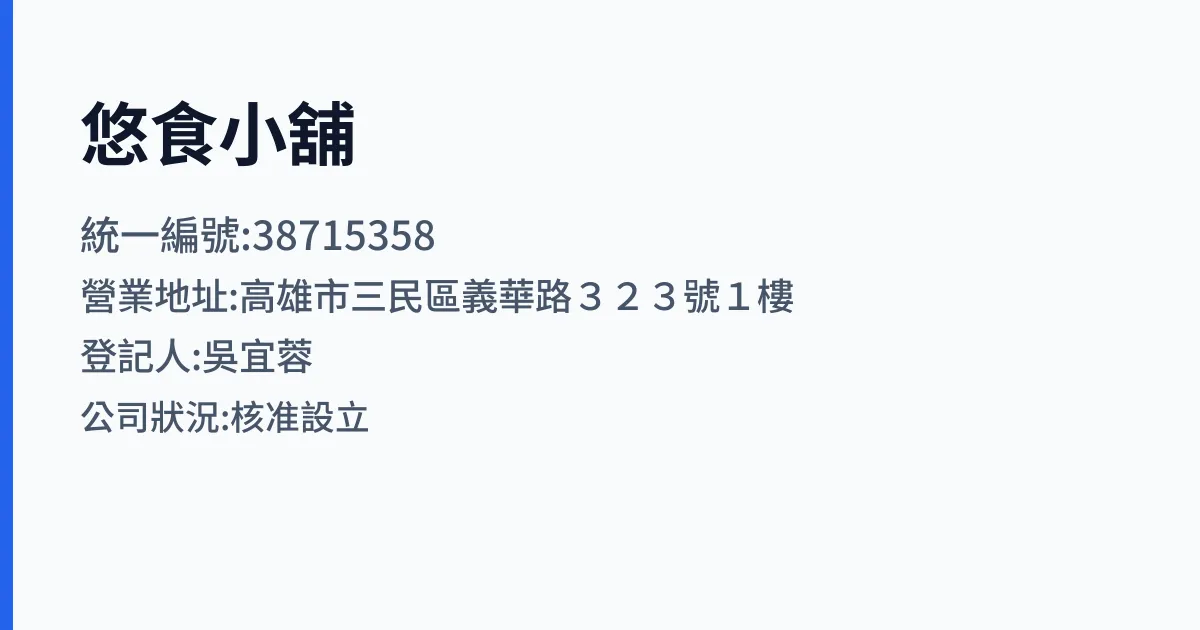 悠食小舖 - 統編 38715358(高雄市) 公司登記資料與營業項目詳細圖表