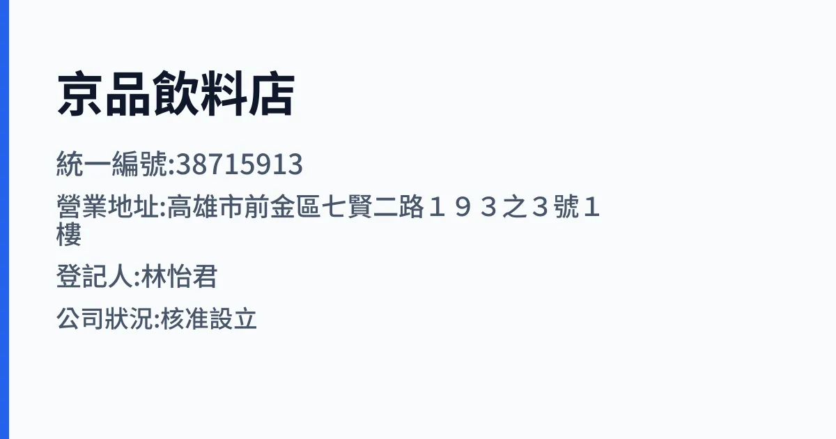京品飲料店 - 統編 38715913(高雄市) 公司登記資料與營業項目詳細圖表