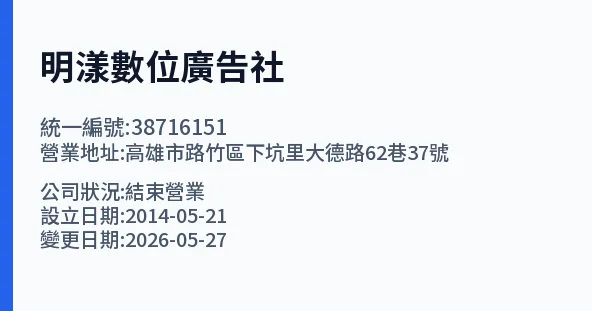 明漾數位廣告社的照片-統編 38716151(高雄市) 公司登記資料與營業項目詳細圖表
