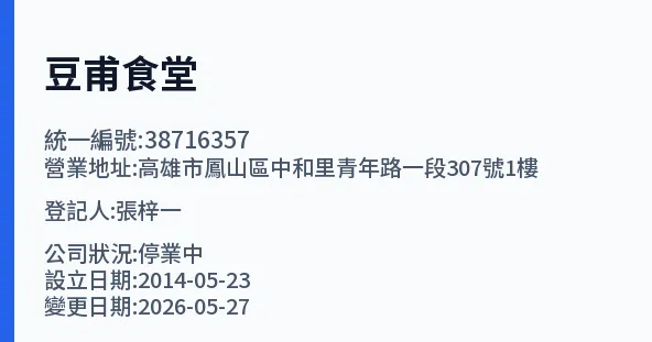 豆甫食堂的照片-統編 38716357(高雄市) 公司登記資料與營業項目詳細圖表
