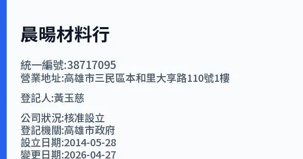 晨暘材料行的照片-統編 38717095(高雄市) 公司登記資料與營業項目詳細圖表