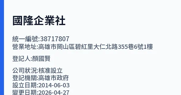 國隆企業社的照片-統編 38717807(高雄市) 公司登記資料與營業項目詳細圖表