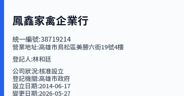 鳳鑫家禽企業行的照片-統編 38719214(高雄市) 公司登記資料與營業項目詳細圖表