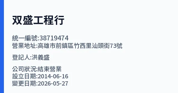 双盛工程行的照片-統編 38719474(高雄市) 公司登記資料與營業項目詳細圖表