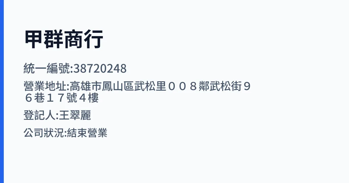 甲群商行 - 統編 38720248(高雄市) 公司登記資料與營業項目詳細圖表