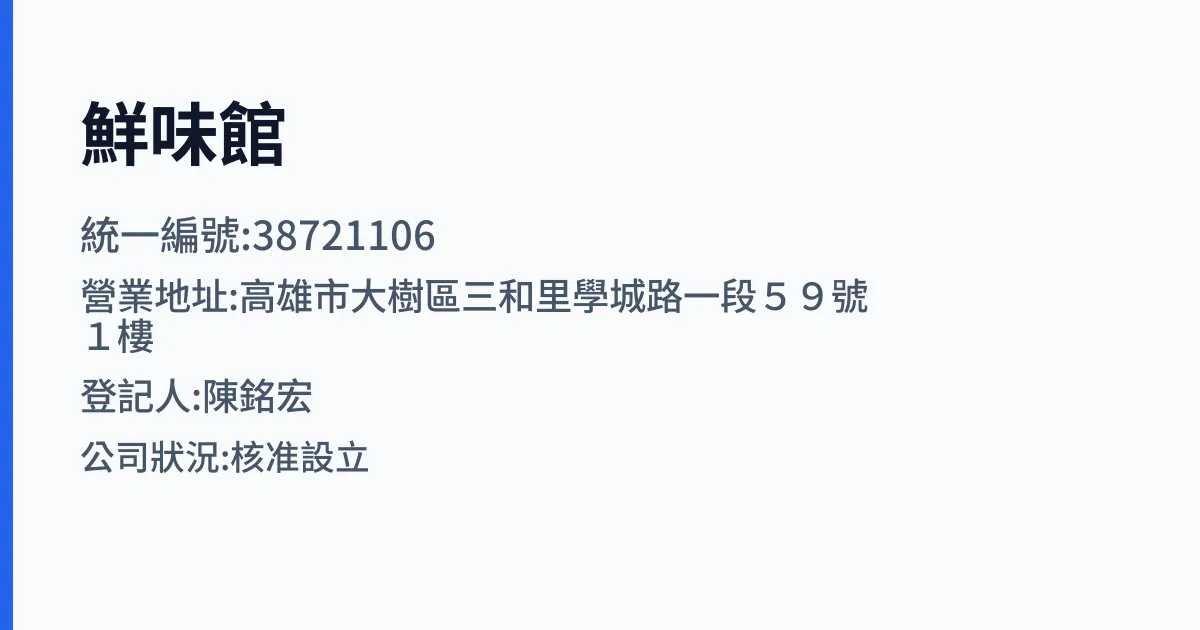 鮮味館 - 統編 38721106(高雄市) 公司登記資料與營業項目詳細圖表