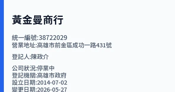 黃金曼商行的照片-統編 38722029(高雄市) 公司登記資料與營業項目詳細圖表