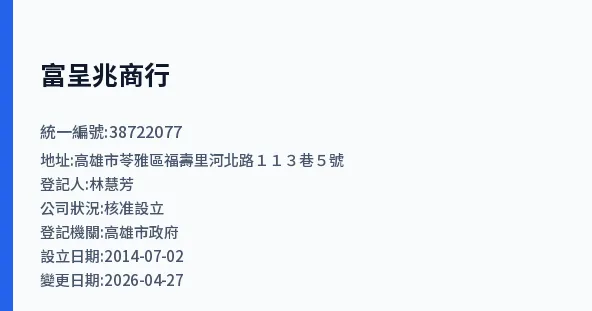 富呈兆商行的照片-統編 38722077(高雄市) 公司登記資料與營業項目詳細圖表