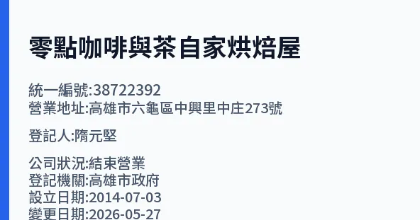 零點咖啡與茶自家烘焙屋的照片-統編 38722392(高雄市) 公司登記資料與營業項目詳細圖表