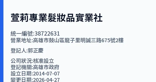 萱莉專業髮妝品實業社的照片-統編 38722631(高雄市) 公司登記資料與營業項目詳細圖表