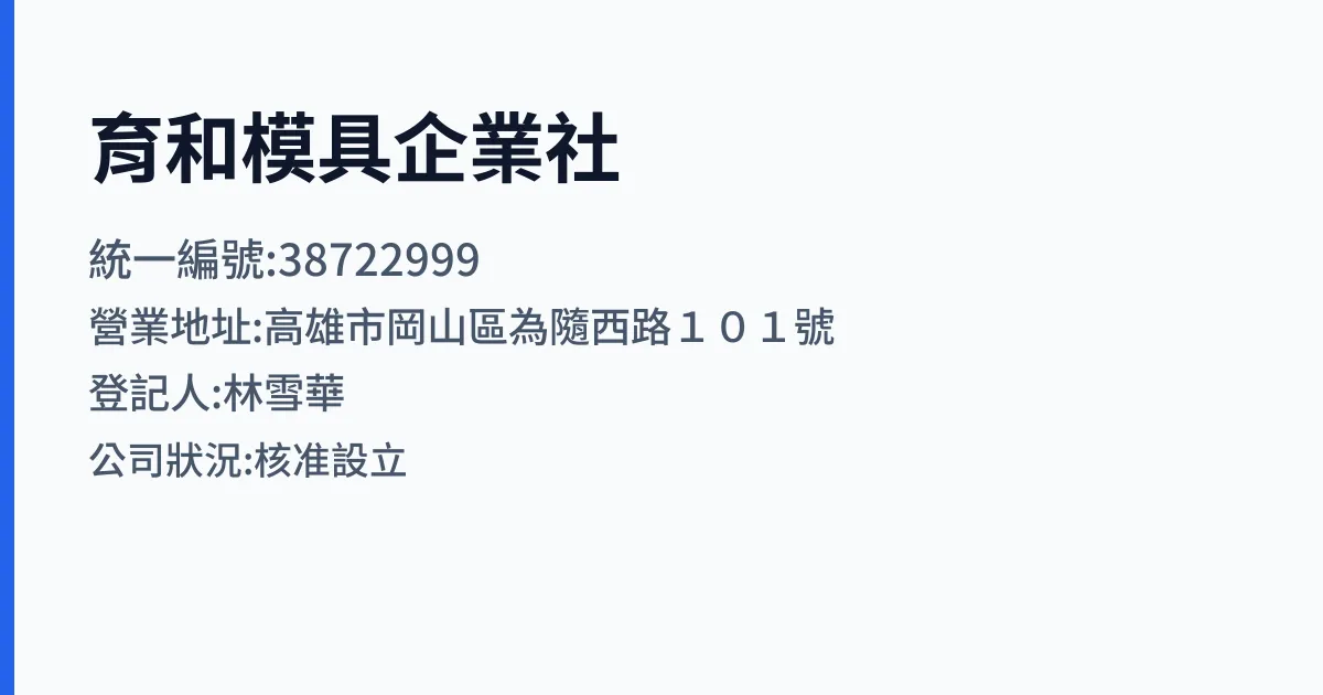 育和模具企業社 - 統編 38722999(高雄市) 公司登記資料與營業項目詳細圖表