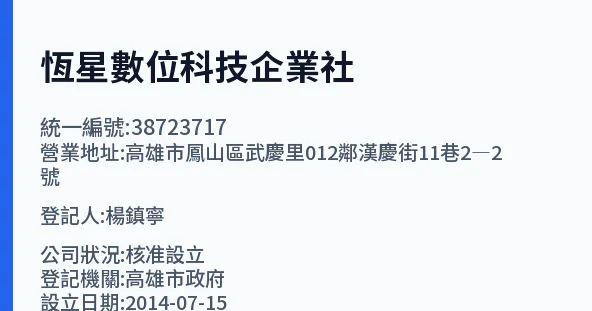 恆星數位科技企業社的照片-統編 38723717(高雄市) 公司登記資料與營業項目詳細圖表