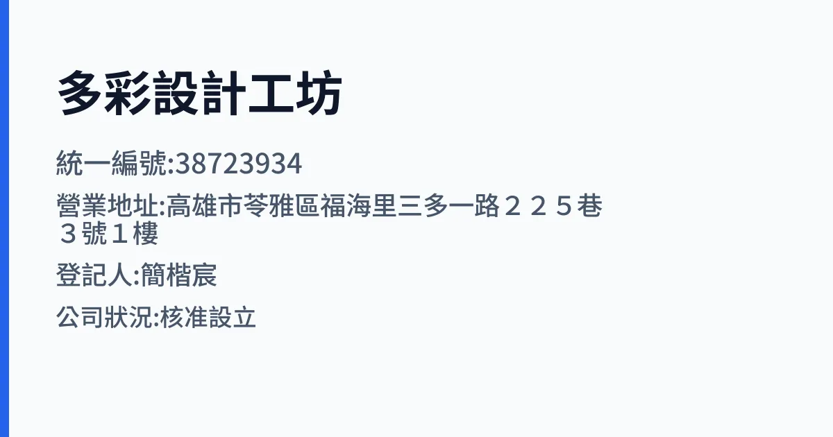 多彩設計工坊 - 統編 38723934(高雄市) 公司登記資料與營業項目詳細圖表