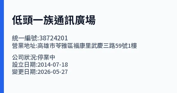 低頭一族通訊廣場的照片-統編 38724201(高雄市) 公司登記資料與營業項目詳細圖表