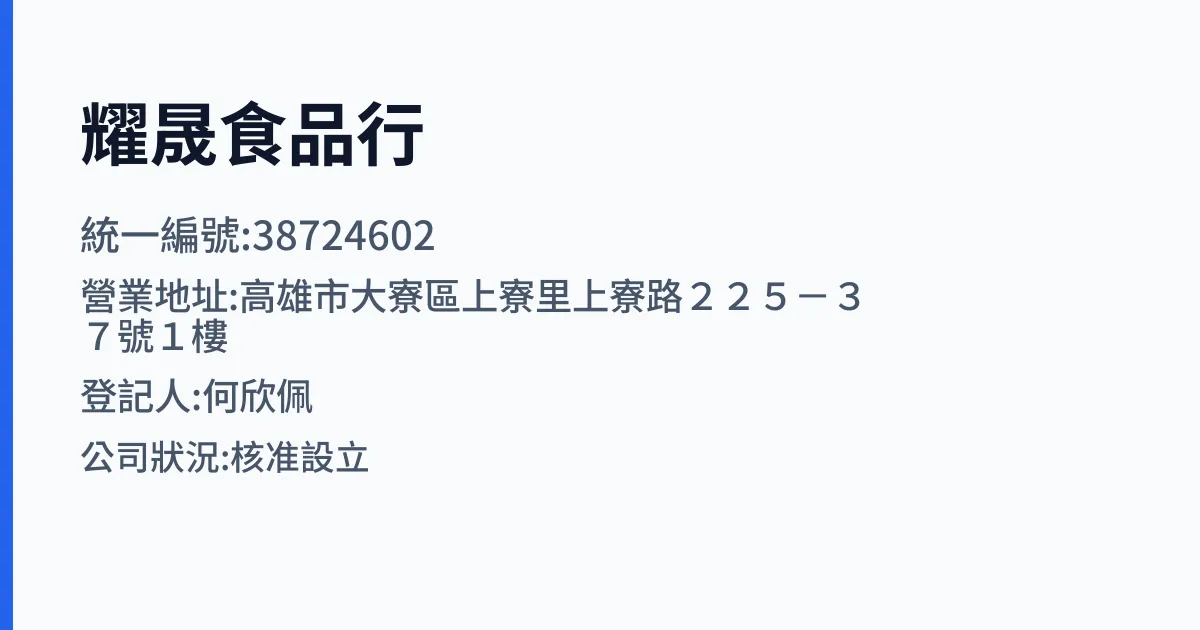 耀晟食品行 - 統編 38724602(高雄市) 公司登記資料與營業項目詳細圖表