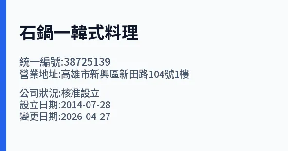石鍋一韓式料理的照片-統編 38725139(高雄市) 公司登記資料與營業項目詳細圖表