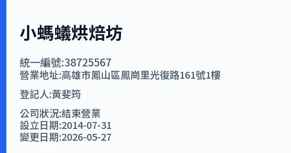 小螞蟻烘焙坊的照片-統編 38725567(高雄市) 公司登記資料與營業項目詳細圖表