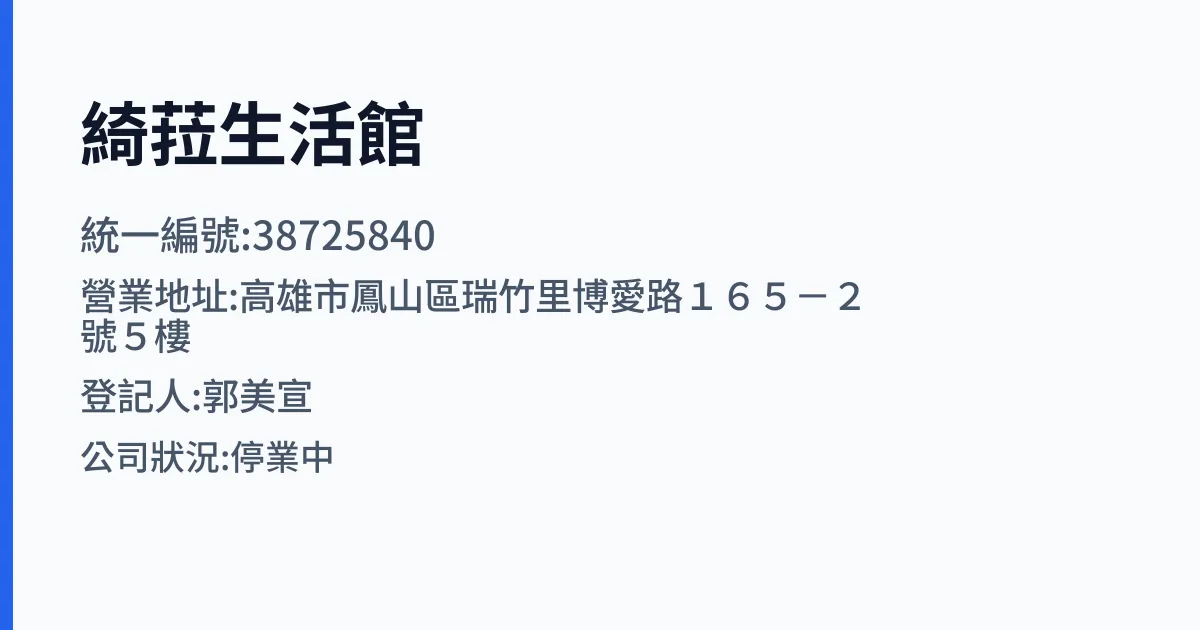 綺菈生活館 - 統編 38725840(高雄市) 公司登記資料與營業項目詳細圖表
