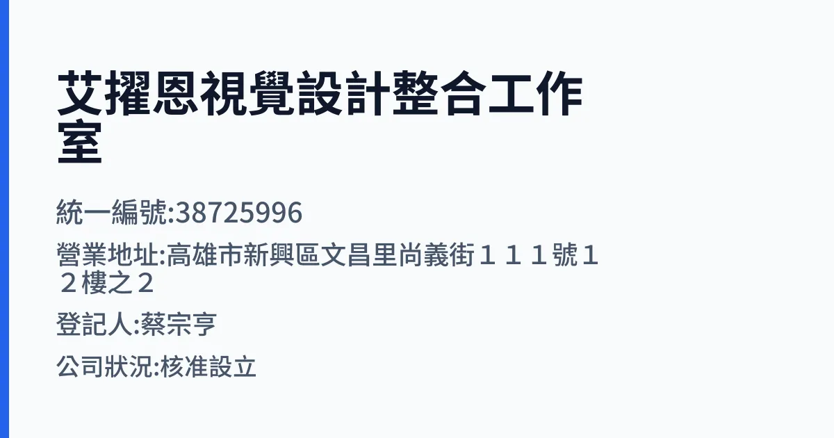 艾擢恩視覺設計整合工作室 - 統編 38725996（高雄市） 公司登記資料與營業項目詳細圖表