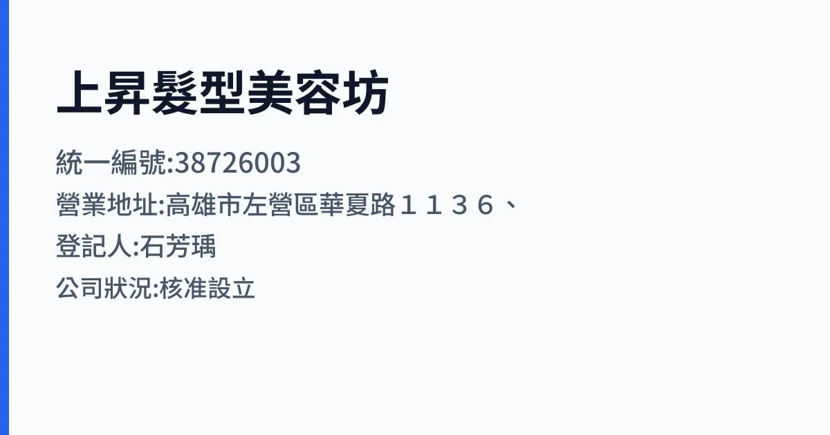 上昇髮型美容坊 - 統編 38726003(高雄市) 公司登記資料與營業項目詳細圖表