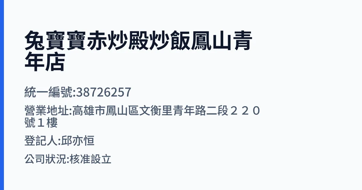 兔寶寶赤炒殿炒飯鳳山青年店 - 統編 38726257(高雄市) 公司登記資料與營業項目詳細圖表