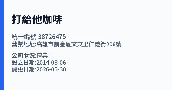 打給他咖啡的照片-統編 38726475(高雄市) 公司登記資料與營業項目詳細圖表