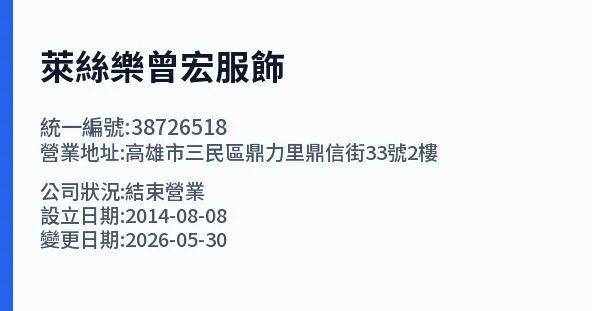 萊絲樂曾宏服飾的照片-統編 38726518(高雄市) 公司登記資料與營業項目詳細圖表