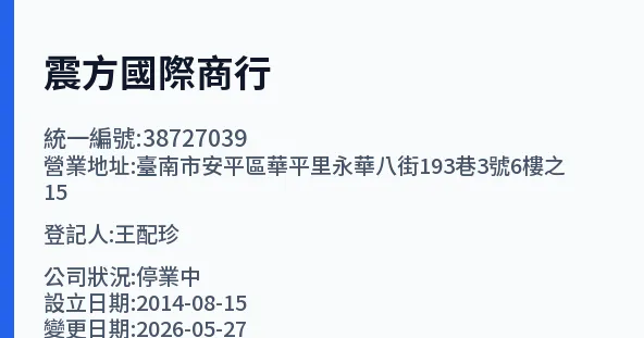 震方國際商行的照片-統編 38727039(臺南市) 公司登記資料與營業項目詳細圖表