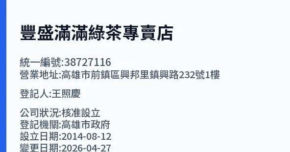 豐盛滿滿綠茶專賣店的照片-統編 38727116(高雄市) 公司登記資料與營業項目詳細圖表