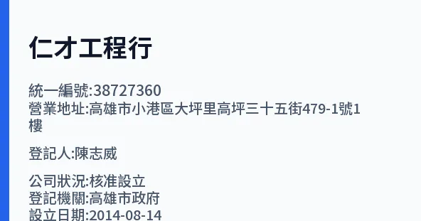 仁才工程行的照片-統編 38727360(高雄市) 公司登記資料與營業項目詳細圖表